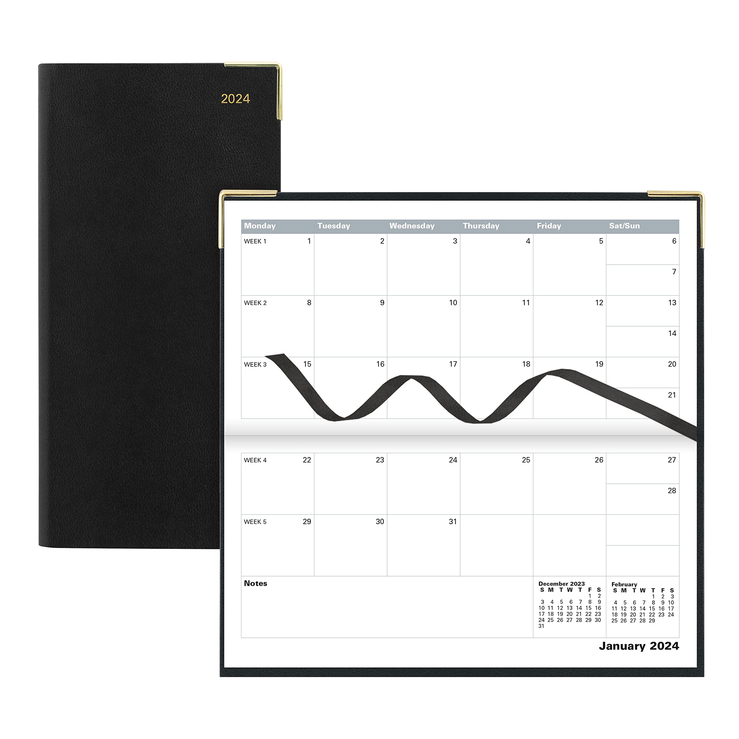 Letts of London Classic Monthly Planner, 13 Months, January 2024 to January 2025, Month-to-View, Horizontal, Gold Corners, Slim Size, 6.625" x 3.25", Black (C12SBK-24)