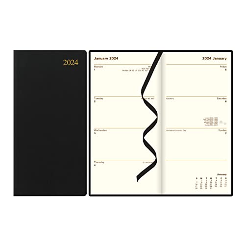 Letts of London Signature Weekly/Monthly Planner, 12 Months, January to December, 2024, Bonded Leather, Slim Size, 6.625" x 3.25", Black (C38SUBK-24)