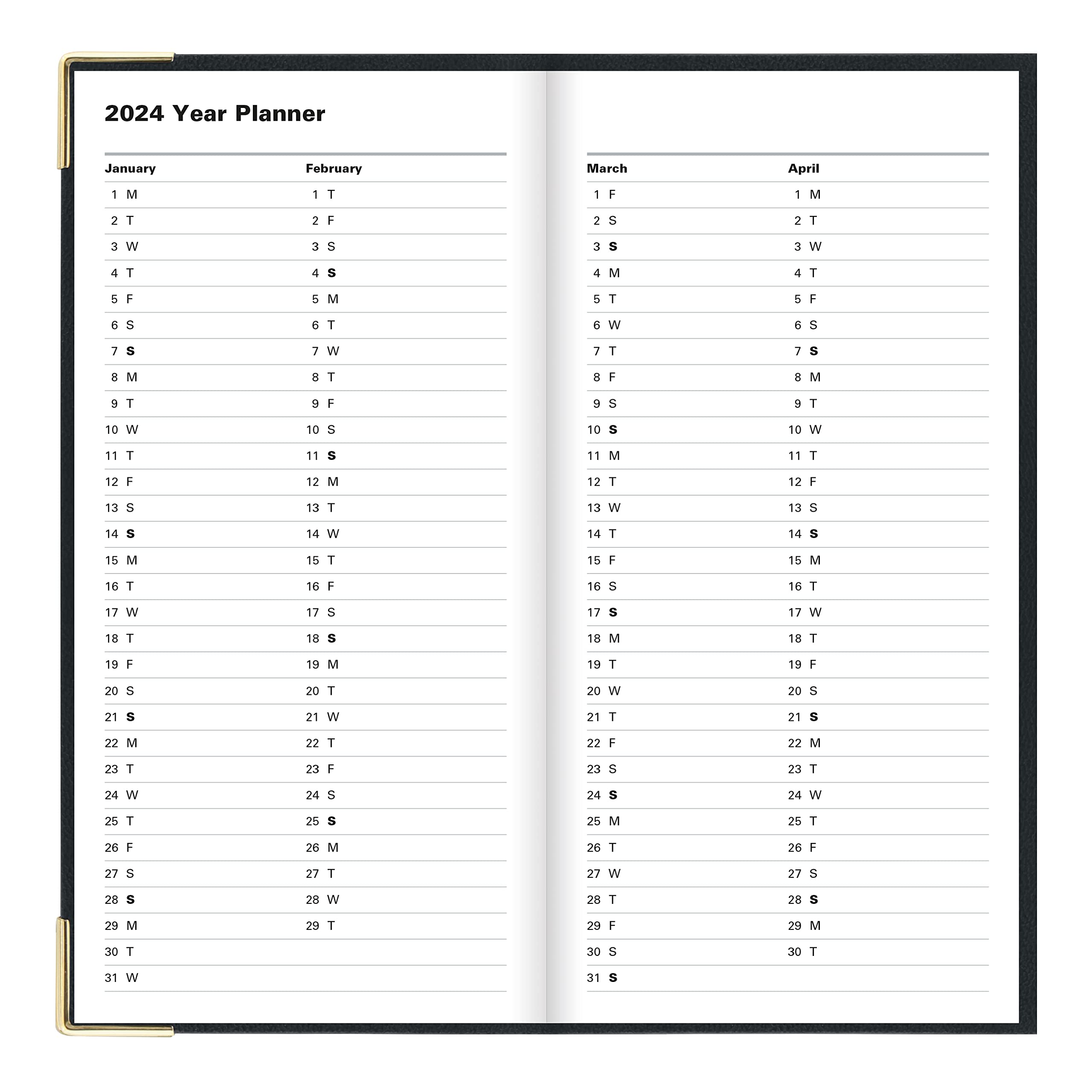 Letts of London Classic Weekly/Monthly Planner, 12 Months, January to December, 2024, Gold Corners, Vertical, Slim Size, 6.625" x 3.25", Black (C32SUBK-24)