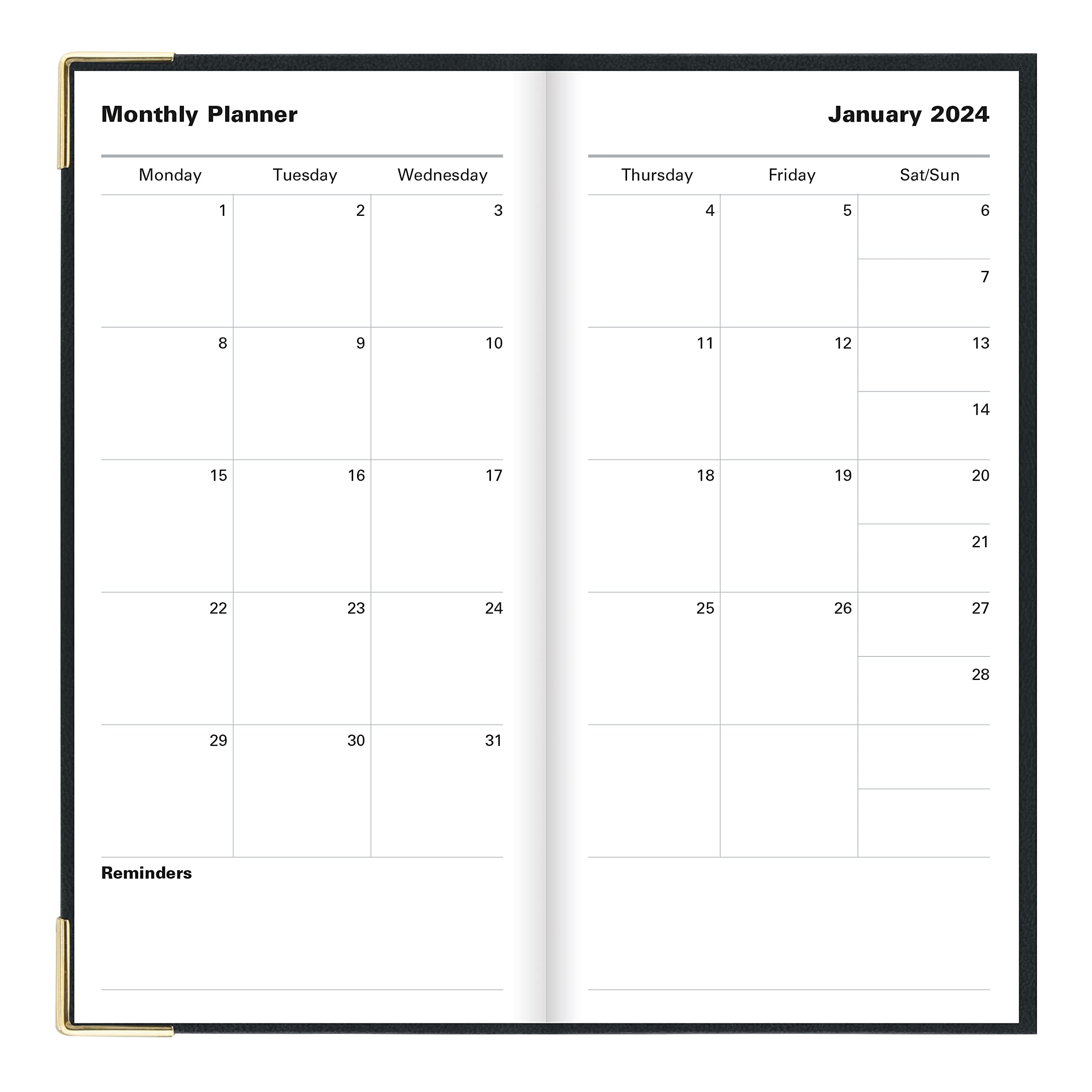 Letts of London Classic Weekly/Monthly Planner, 12 Months, January to December, 2024, Gold Corners, Vertical, Slim Size, 6.625" x 3.25", Black (C32SUBK-24)