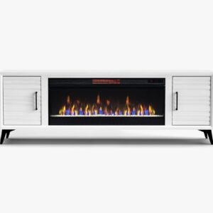 Realcozy Malibu Contemporary Fireplace TV Stand, 78 inches, Accommodates TVs up to 90 inches, Fully Assembled, Poplar Solid Wood, White Finish