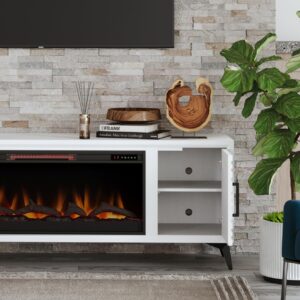 Realcozy Malibu Contemporary Fireplace TV Stand, 78 inches, Accommodates TVs up to 90 inches, Fully Assembled, Poplar Solid Wood, White Finish