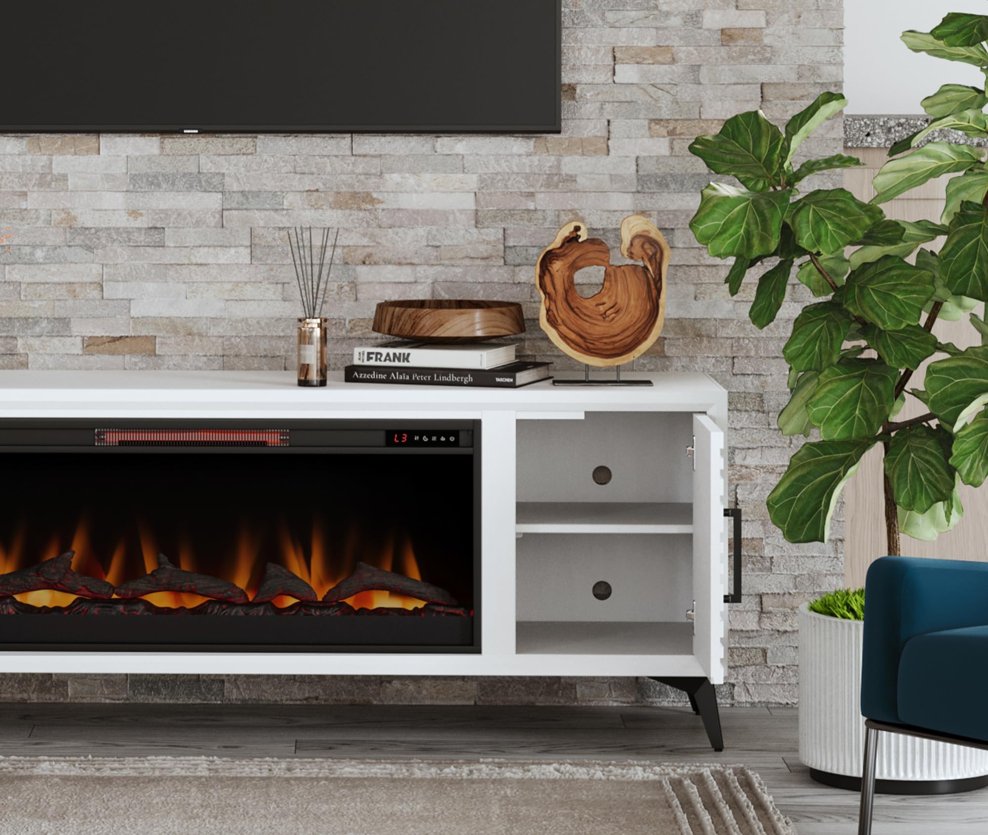 Realcozy Malibu Contemporary Fireplace TV Stand, 78 inches, Accommodates TVs up to 90 inches, Fully Assembled, Poplar Solid Wood, White Finish