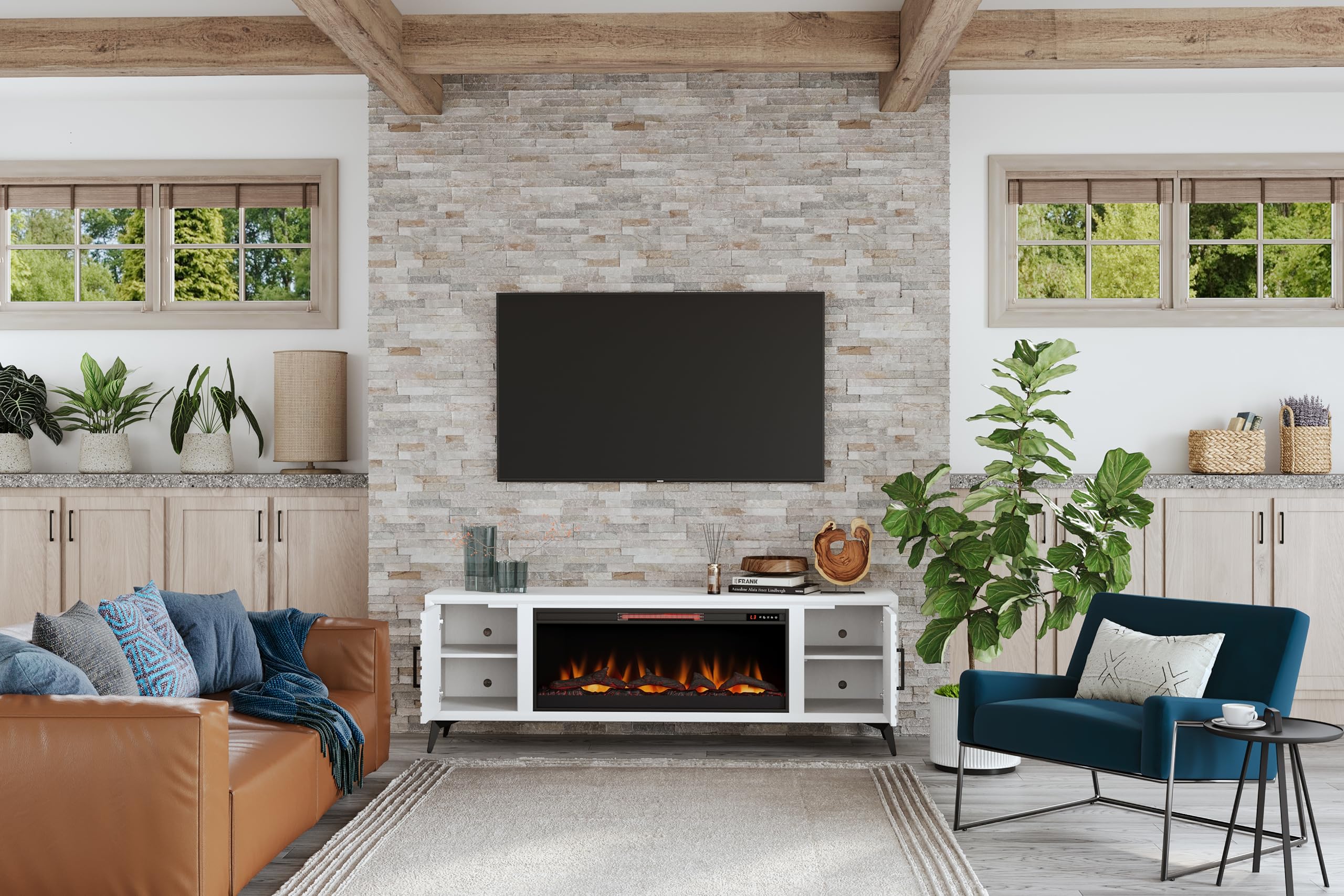 Realcozy Malibu Contemporary Fireplace TV Stand, 78 inches, Accommodates TVs up to 90 inches, Fully Assembled, Poplar Solid Wood, White Finish