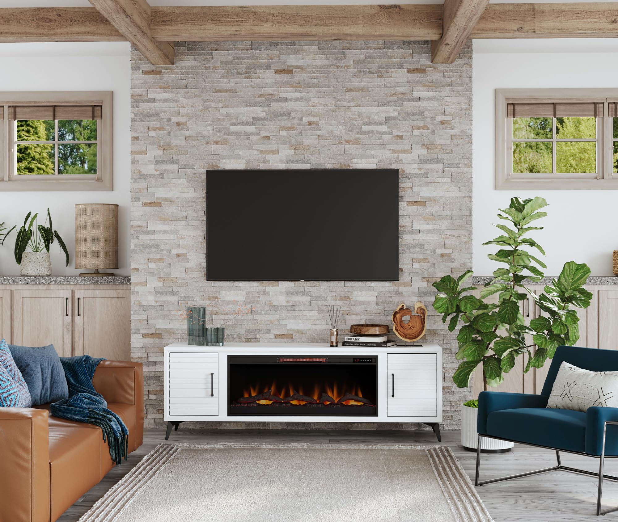 Realcozy Malibu Contemporary Fireplace TV Stand, 78 inches, Accommodates TVs up to 90 inches, Fully Assembled, Poplar Solid Wood, White Finish