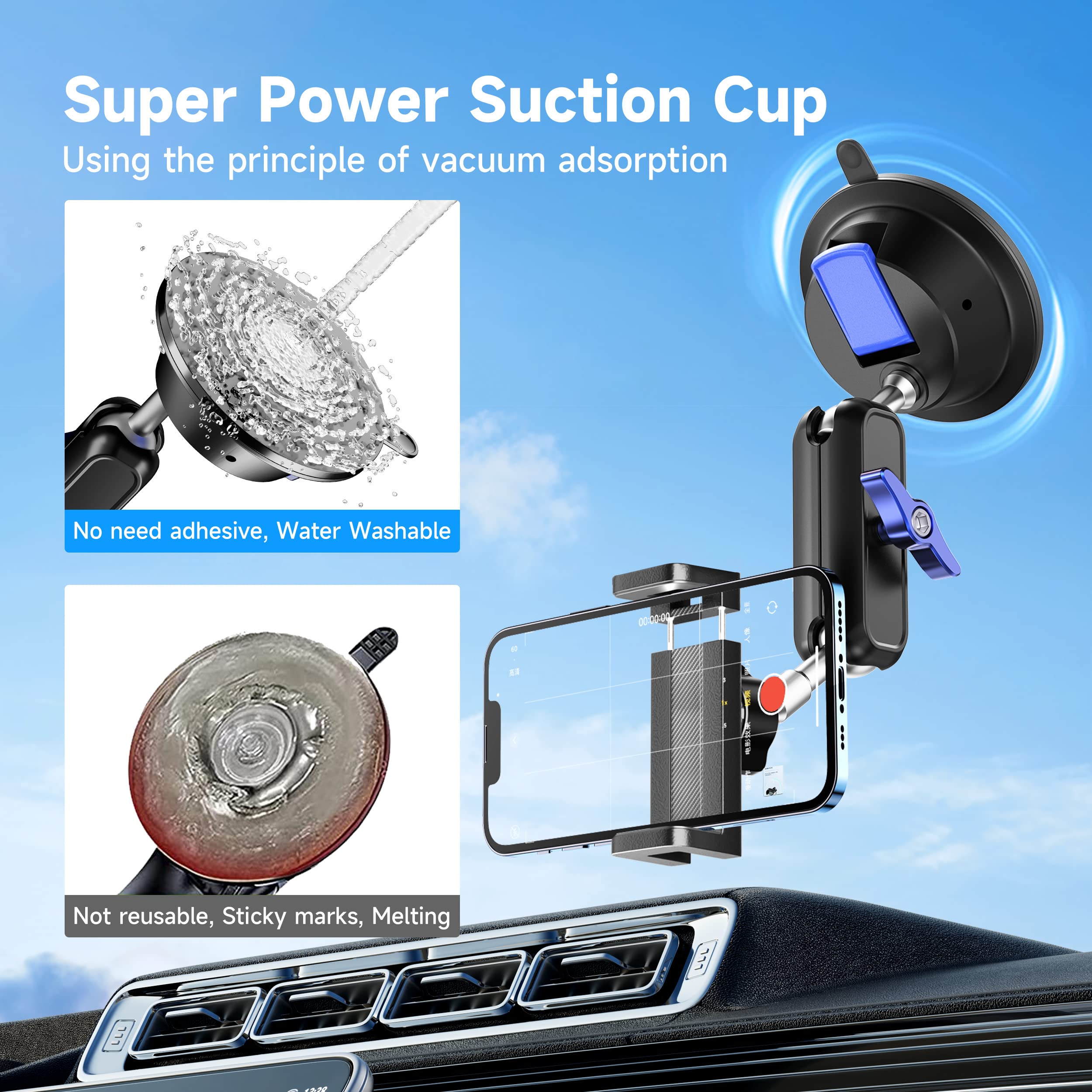 MARTVSEN Car Photography Phone Mount Stabilizer, Universal 360° Rotation Anti-Shake Metal Car Phone Holder for Video Recording & Navigation Live Streaming, Suction Cup Car Phone Holder for iPhone