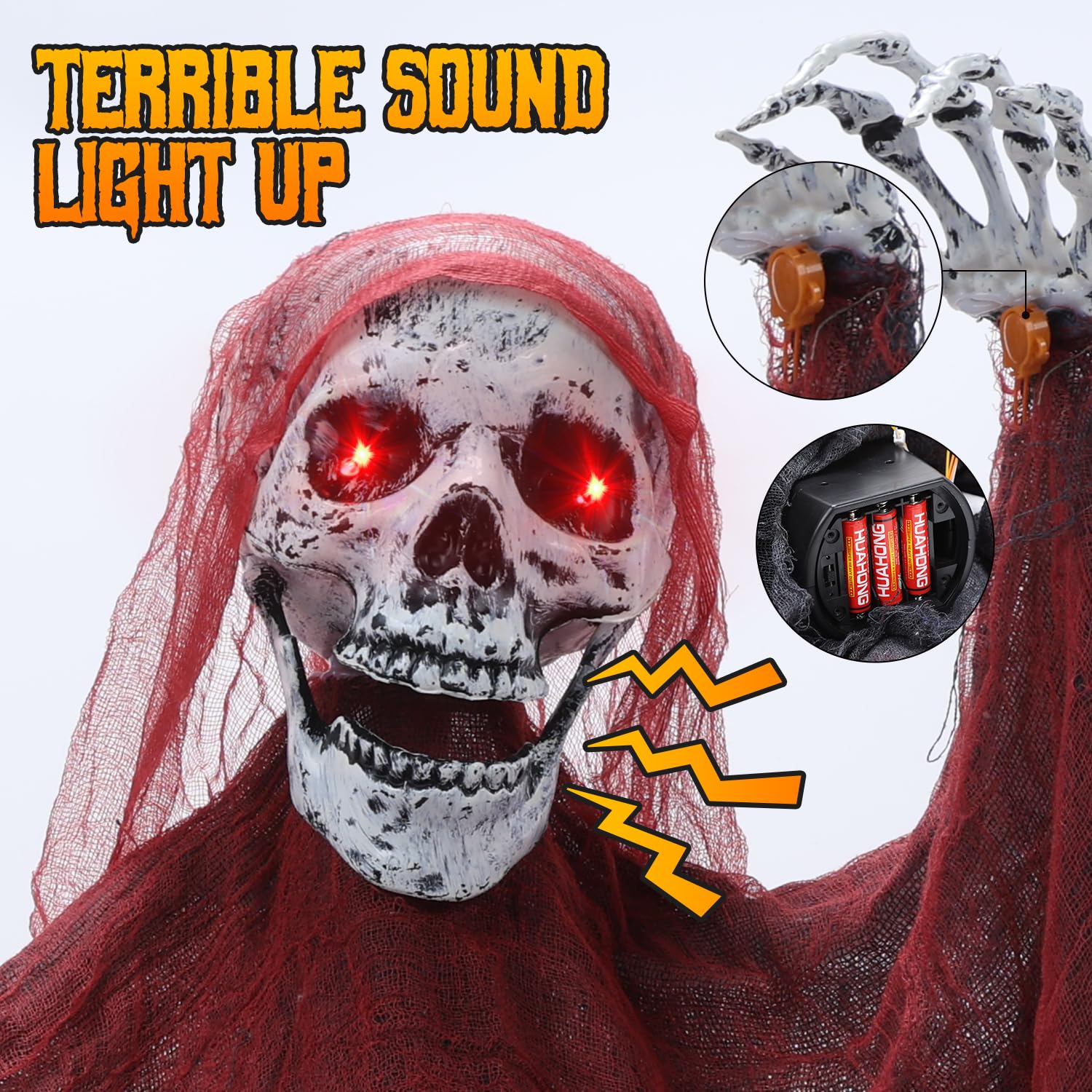 Halloween Decoration Zombie with Light-up Skeleton Eyes and Sound Prop for Halloween Outdoor, Lawn, Yard, Patio Decor, Haunted House Decoration