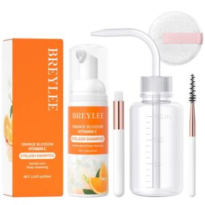 eyelash extension cleanser, brelyee lash shampoo 60ml + brushes + bottle + pads, eyelash wash for extensions, lash cleanser,lash bath lash wash soap foam for professional & self use