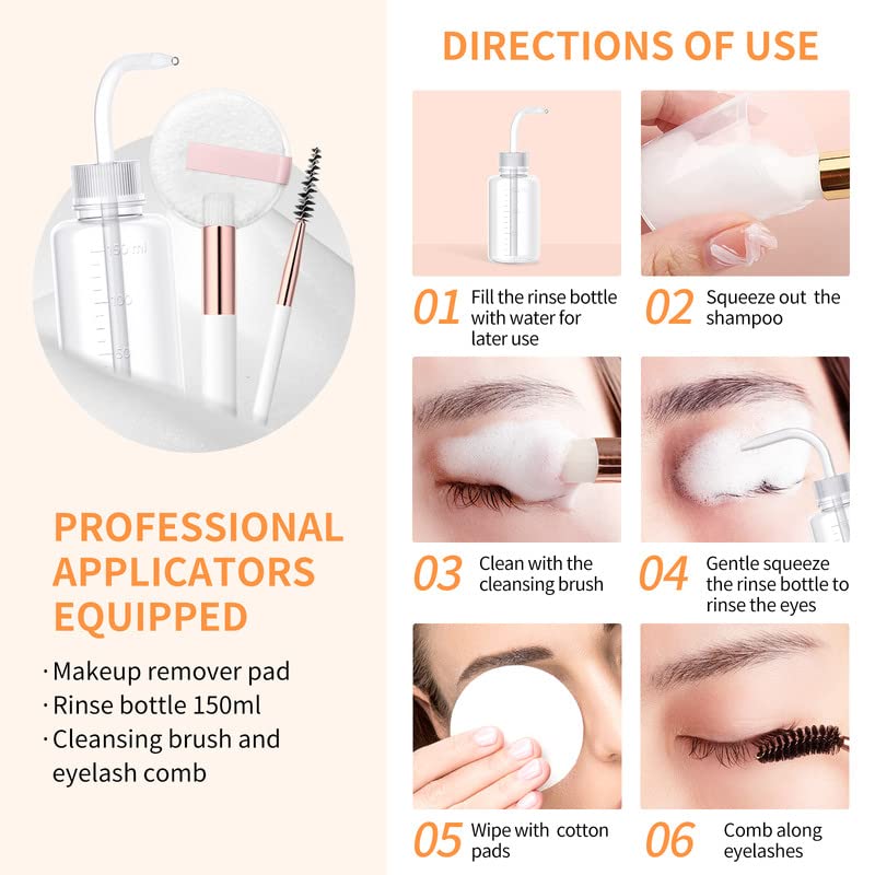 Eyelash Extension Cleanser, Brelyee Lash shampoo 60ml + Brushes + Bottle + Pads, Eyelash Wash for Extensions, Lash Cleanser,Lash Bath Lash Wash Soap Foam for Professional & Self Use