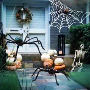 2 Pack Halloween Lighted Spiders Decorations, Giant Spiders with Red Eyes, Halloween Indoor and Outdoor Party Decor for Yard Patio Lawn Garden