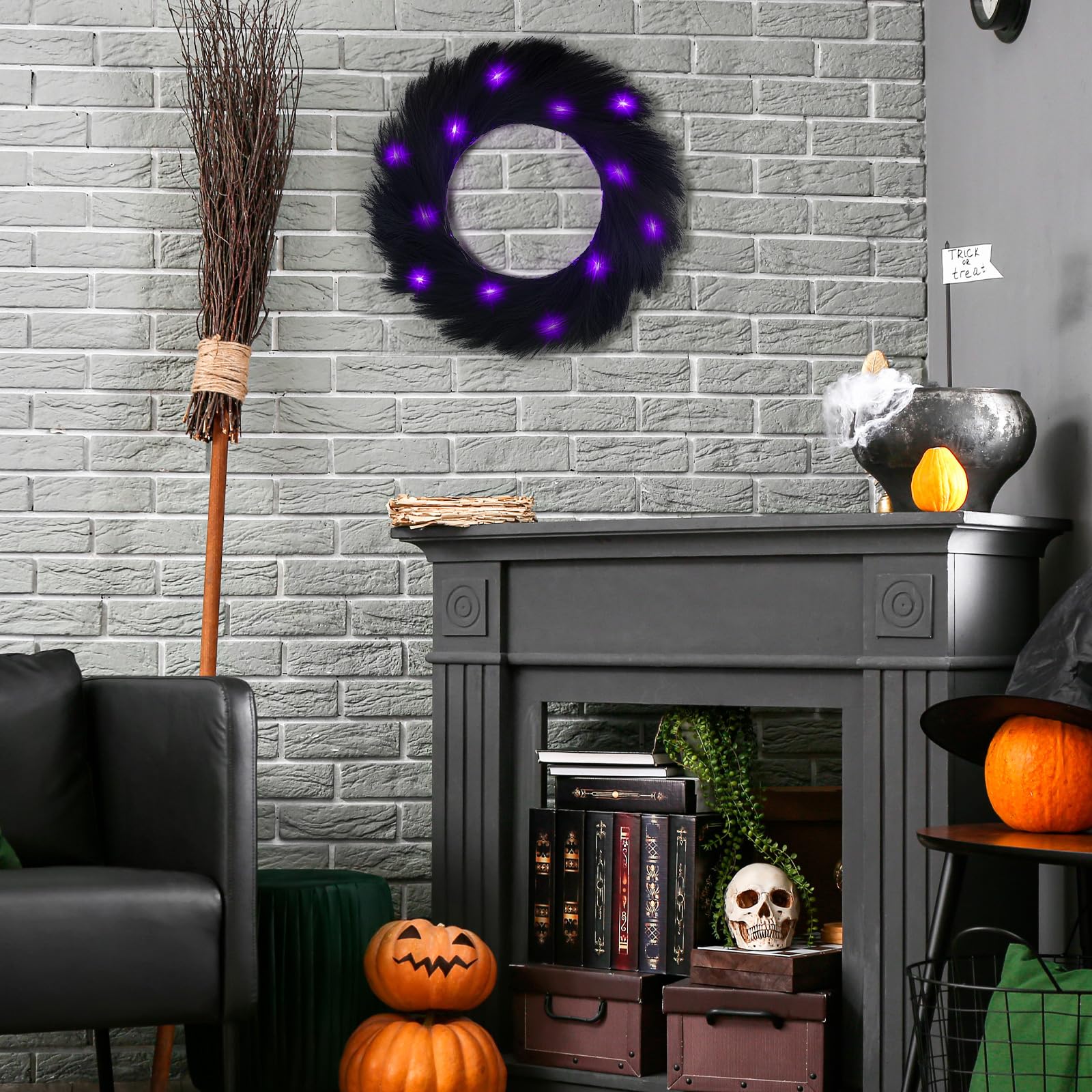 Crowye Halloween Pampas Grass Wreath with Purple Lights 26" Artificial Boho Black Pampas Wreath Large Faux Modern Wreath for Home Birthday Halloween Indoor Outdoor Front Door Party Decor