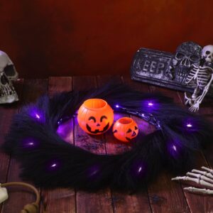 Crowye Halloween Pampas Grass Wreath with Purple Lights 26" Artificial Boho Black Pampas Wreath Large Faux Modern Wreath for Home Birthday Halloween Indoor Outdoor Front Door Party Decor