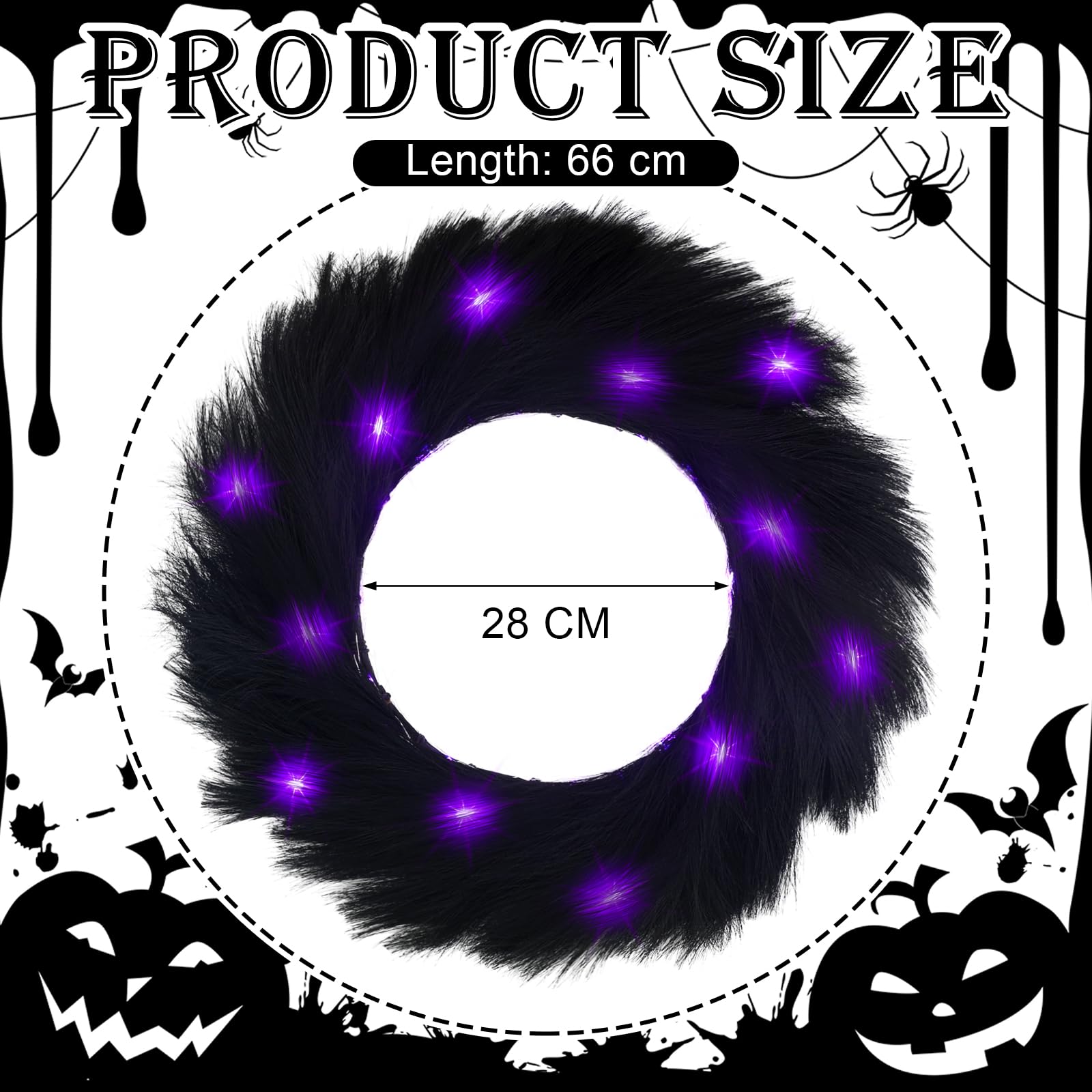 Crowye Halloween Pampas Grass Wreath with Purple Lights 26" Artificial Boho Black Pampas Wreath Large Faux Modern Wreath for Home Birthday Halloween Indoor Outdoor Front Door Party Decor