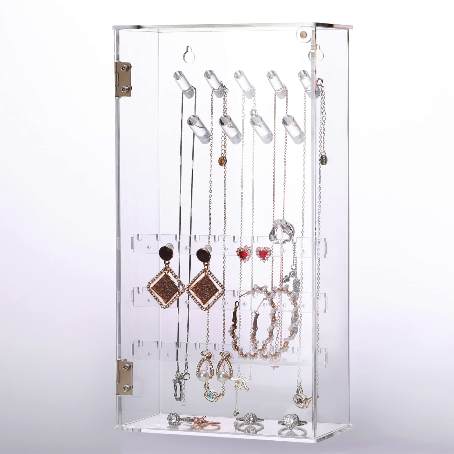 Dankeit Earring Display Stands,Acrylic Jewelry Organizer Box,Dust-proof Earring Rack Holder with 27 Holes and 8 Hanging Bars,5-Tier Jewelry Holder for Earrings,Necklaces,Bracelets,Rings,Clear