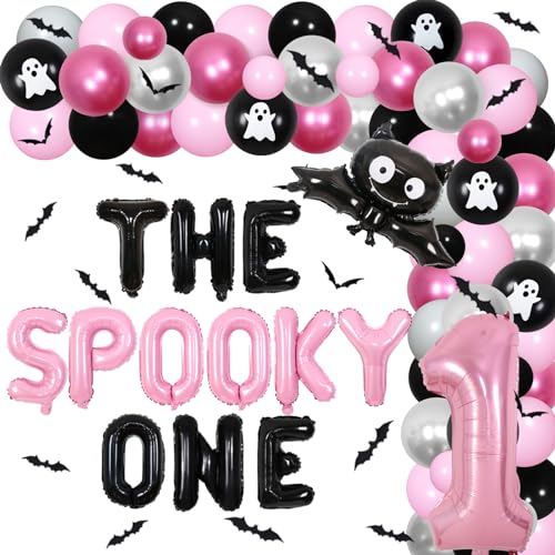 Halloween 1st Birthday Decorations for Girls - Pink Black Balloon Garland Arch Kit with The Spooky One Balloons Banner, Bat Wall Stickers, Number 1 Ghost Foil Balloons for Spooky One Party Supplies