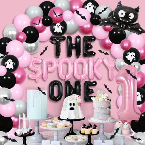 Halloween 1st Birthday Decorations for Girls - Pink Black Balloon Garland Arch Kit with The Spooky One Balloons Banner, Bat Wall Stickers, Number 1 Ghost Foil Balloons for Spooky One Party Supplies