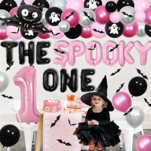 Halloween 1st Birthday Decorations for Girls - Pink Black Balloon Garland Arch Kit with The Spooky One Balloons Banner, Bat Wall Stickers, Number 1 Ghost Foil Balloons for Spooky One Party Supplies