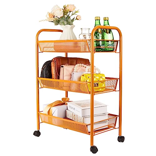 3-Tier Metal Rolling Utility Cart, Mobile Utility Cart with Lockable Caster Wheels, Multi-Functional Storage Trolley, Easy to Assemble, for Bathroom, Kitchen, Office, Workshop(Yellow)