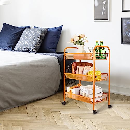 3-Tier Metal Rolling Utility Cart, Mobile Utility Cart with Lockable Caster Wheels, Multi-Functional Storage Trolley, Easy to Assemble, for Bathroom, Kitchen, Office, Workshop(Yellow)