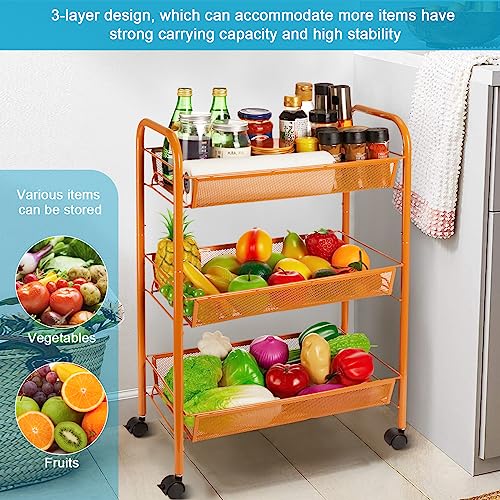 3-Tier Metal Rolling Utility Cart, Mobile Utility Cart with Lockable Caster Wheels, Multi-Functional Storage Trolley, Easy to Assemble, for Bathroom, Kitchen, Office, Workshop(Yellow)