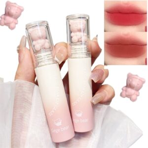 2pcs pink bear lip glaze matte liquid lipstick cute bear velvet lipgloss moisturizing lip stain waterproof long lasting nude brown red lip mud cheek rouge tint cosmetics bear beauty makeup