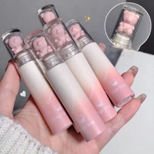 2Pcs Pink Bear Lip Glaze Matte Liquid Lipstick Cute Bear Velvet Lipgloss Moisturizing Lip Stain Waterproof Long Lasting Nude Brown Red Lip Mud Cheek Rouge Tint Cosmetics Bear Beauty Makeup