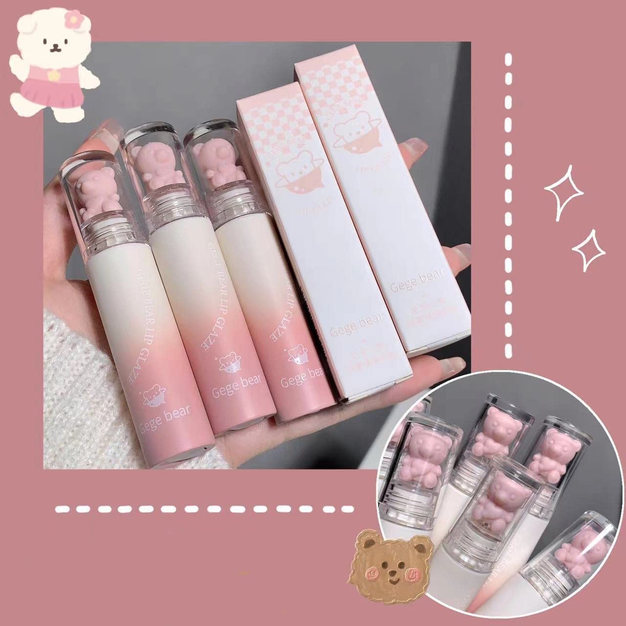 2Pcs Pink Bear Lip Glaze Matte Liquid Lipstick Cute Bear Velvet Lipgloss Moisturizing Lip Stain Waterproof Long Lasting Nude Brown Red Lip Mud Cheek Rouge Tint Cosmetics Bear Beauty Makeup