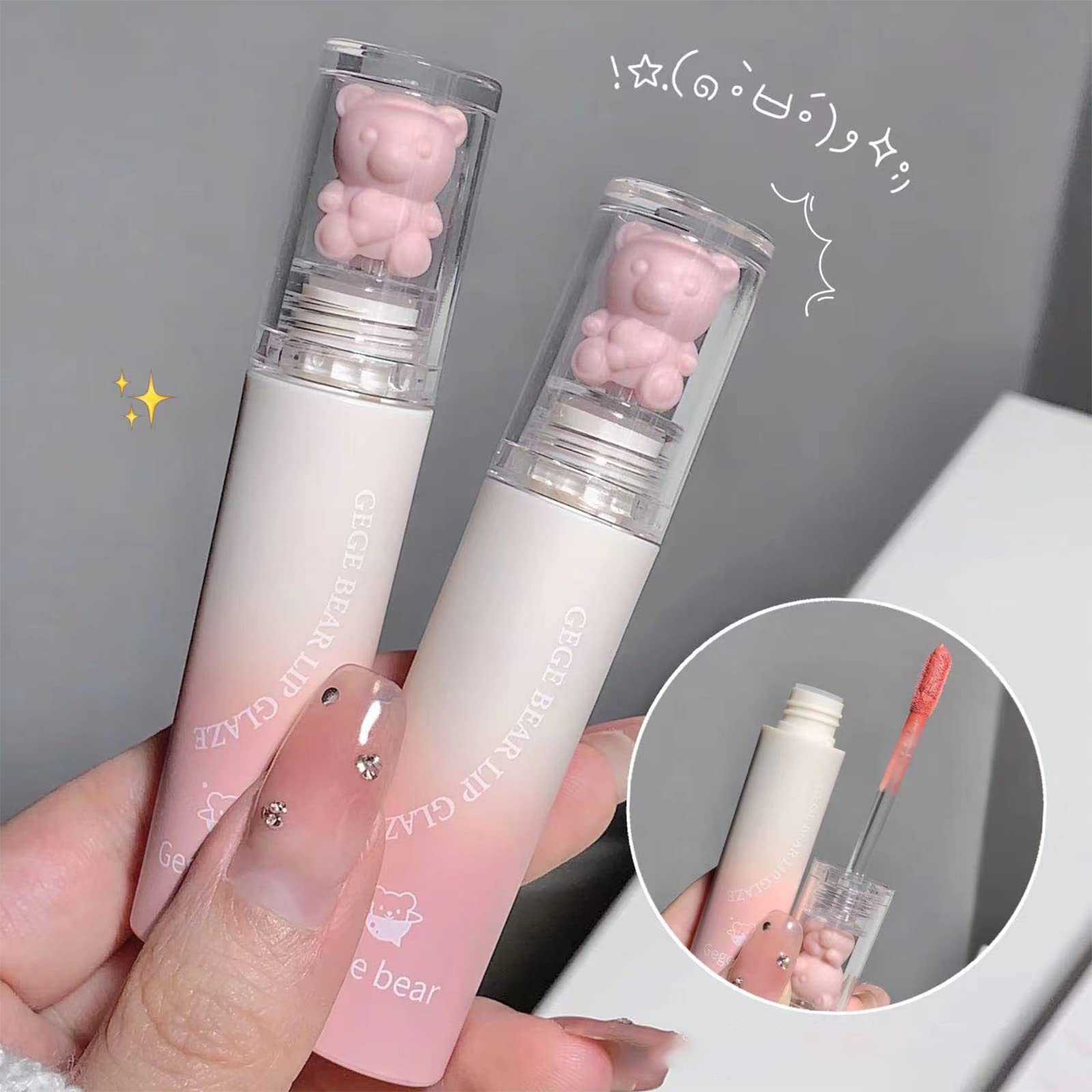 2Pcs Pink Bear Lip Glaze Matte Liquid Lipstick Cute Bear Velvet Lipgloss Moisturizing Lip Stain Waterproof Long Lasting Nude Brown Red Lip Mud Cheek Rouge Tint Cosmetics Bear Beauty Makeup