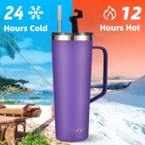 mininoo 24 oz Insulated Tumbler with Handle, Double Wall Vacuum Insulated Coffee Cup with Lid and Straw, Leakproof (Purple)