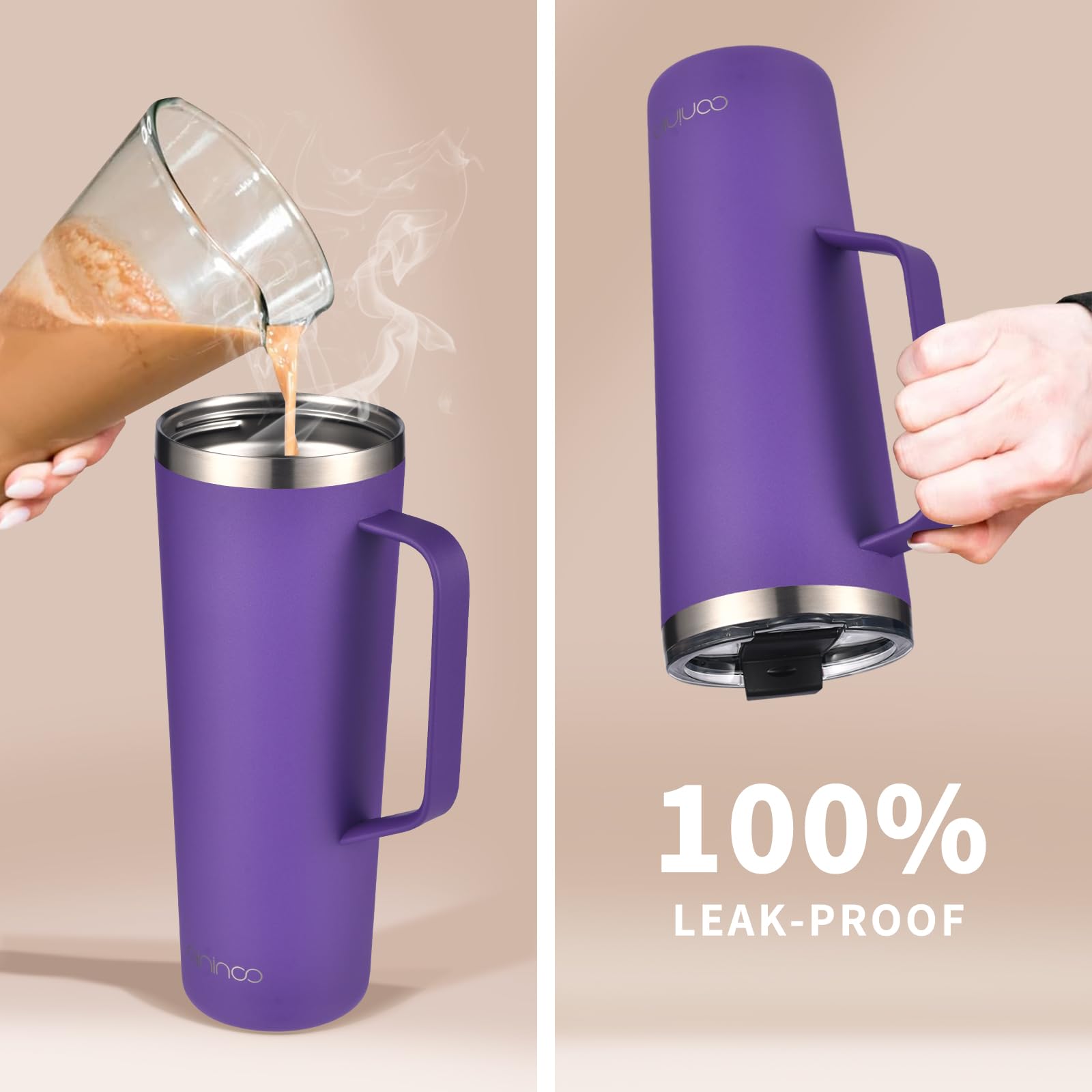 mininoo 24 oz Insulated Tumbler with Handle, Double Wall Vacuum Insulated Coffee Cup with Lid and Straw, Leakproof (Purple)