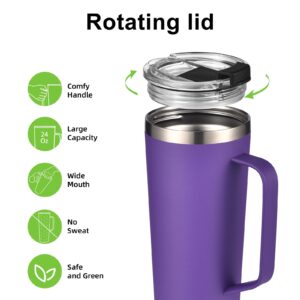 mininoo 24 oz Insulated Tumbler with Handle, Double Wall Vacuum Insulated Coffee Cup with Lid and Straw, Leakproof (Purple)