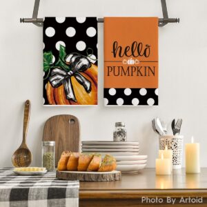 Artoid Mode Buffalo Plaid Truck Hello Pumpkin Fall Kitchen Towels Dish Towels, 18x26 Inch Seasonal Decoration Hand Towels Set of 4