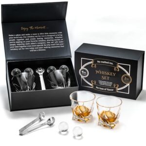 aridon - whiskey set, 2-piece whiskey glasses set with 4 whiskey balls, premium twisted whiskey glass with stones, whiskey stones large size, 1.57” crystal-clear glass whiskey sphere stone