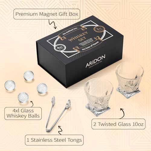 Aridon - Whiskey Set, 2-Piece Whiskey Glasses Set with 4 Whiskey Balls, Premium Twisted Whiskey Glass with Stones, Whiskey Stones Large Size, 1.57” Crystal-Clear Glass Whiskey Sphere Stone