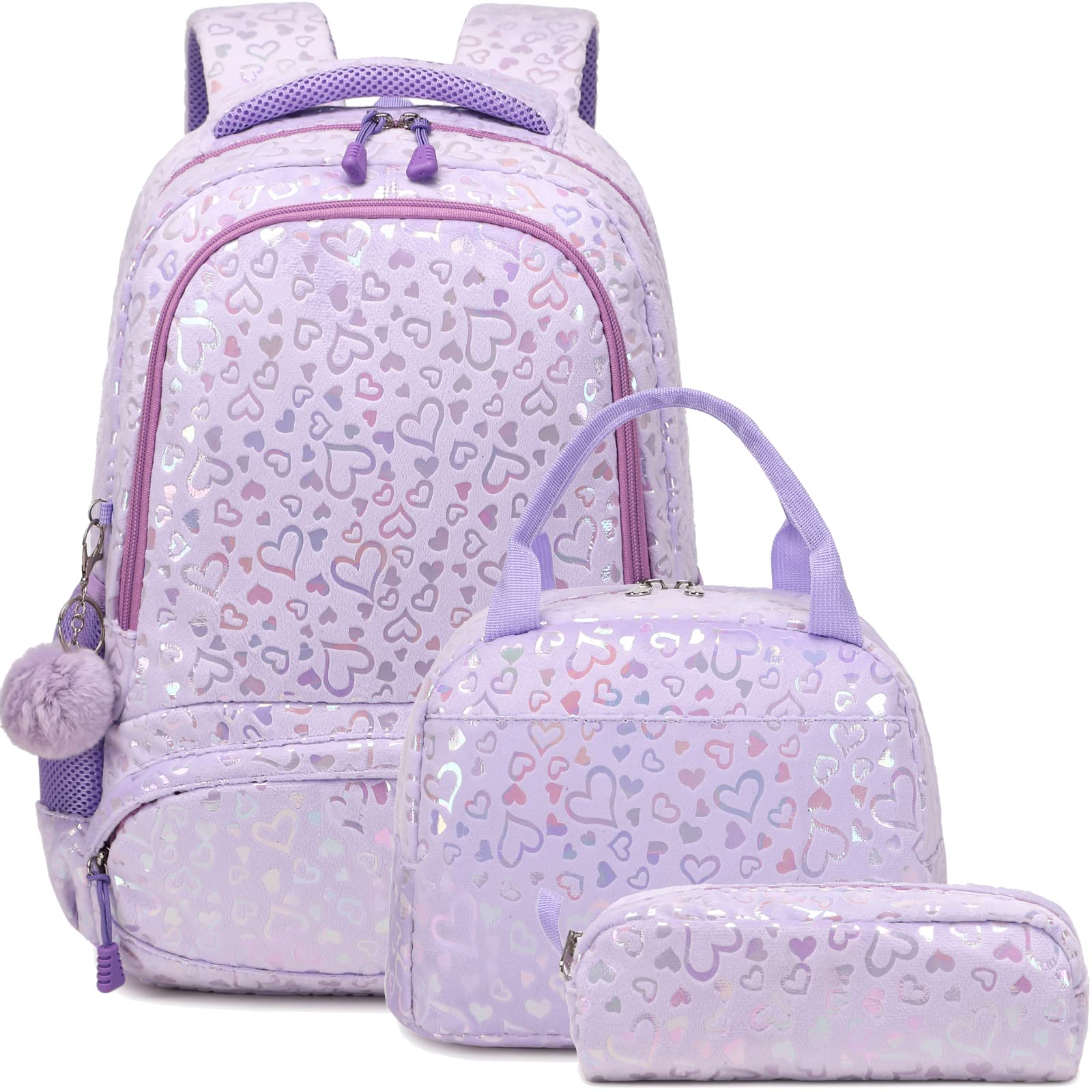 Meisohua Backpack Set for Girls School Backpack for Kids Preschool Kindergarten Elementary School Bookbag with Lunch Bag 3 in 1 Set Water Resistant Furry Backpack