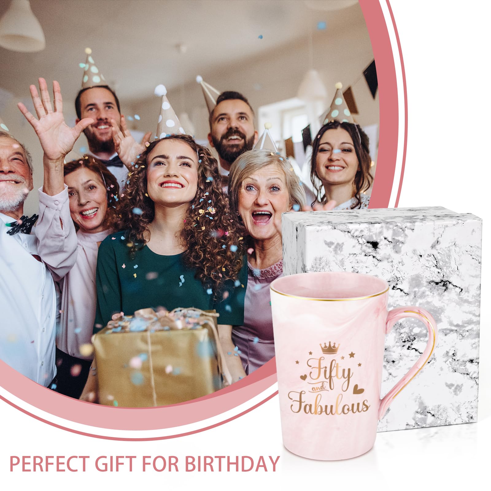 YHRJWN - 50th Birthday Gifts for Women, Fifty and Fabulous Mug, 50th Birthday Gift Ideas for Women Turning 50, Happy 50th Birthday Gifts for Mom Sister Coworker, Pink 14 Oz with Spoon, Coaster, Box