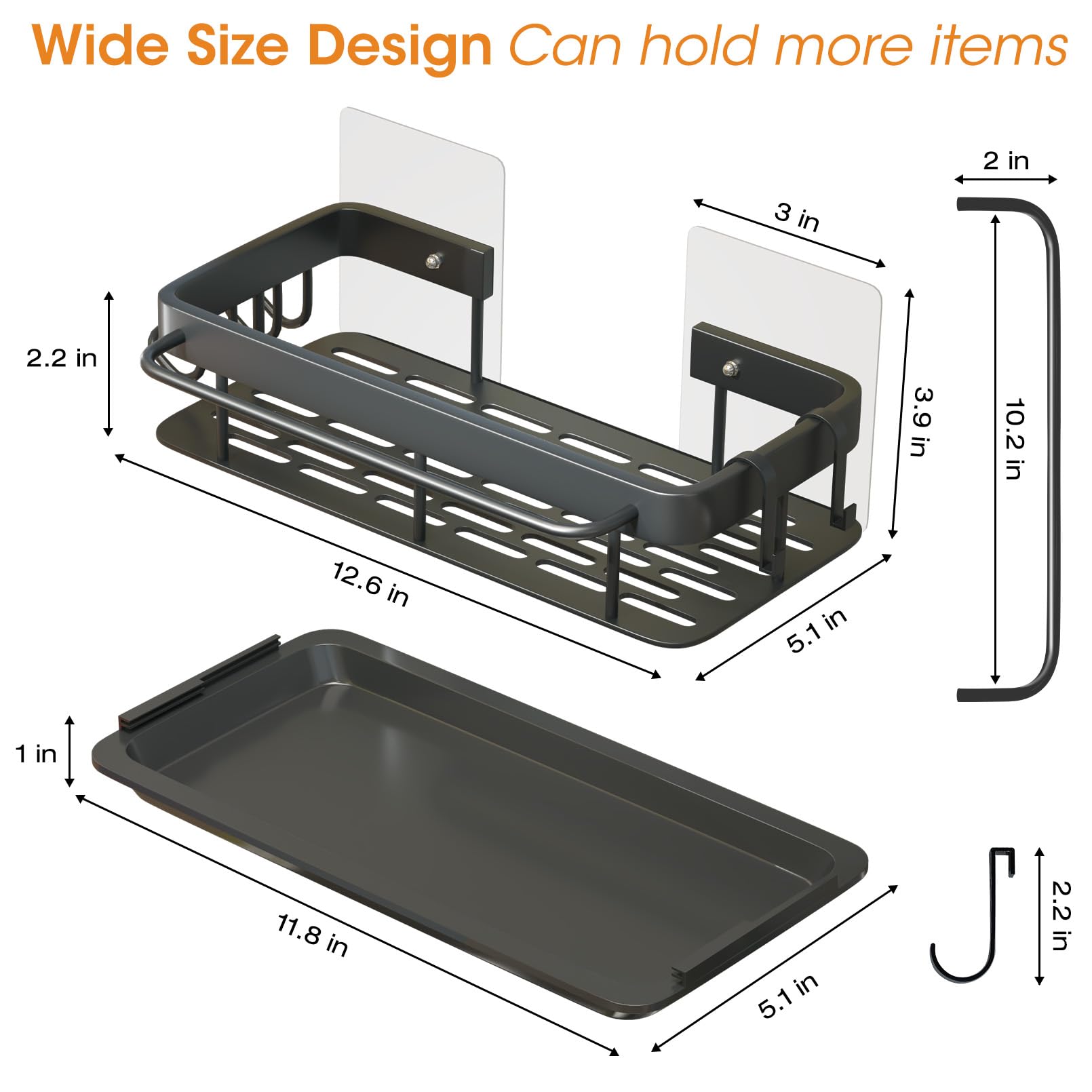 Black Adhesive Sink Caddy Sponge Holder for Kitchen Sink, Space-Saving Kitchen Sink Caddy with Auto Drain Tray and Towel Holder, Kitchen Sink Organizers for Sponge, Brush, Sink Stopper and Scraper