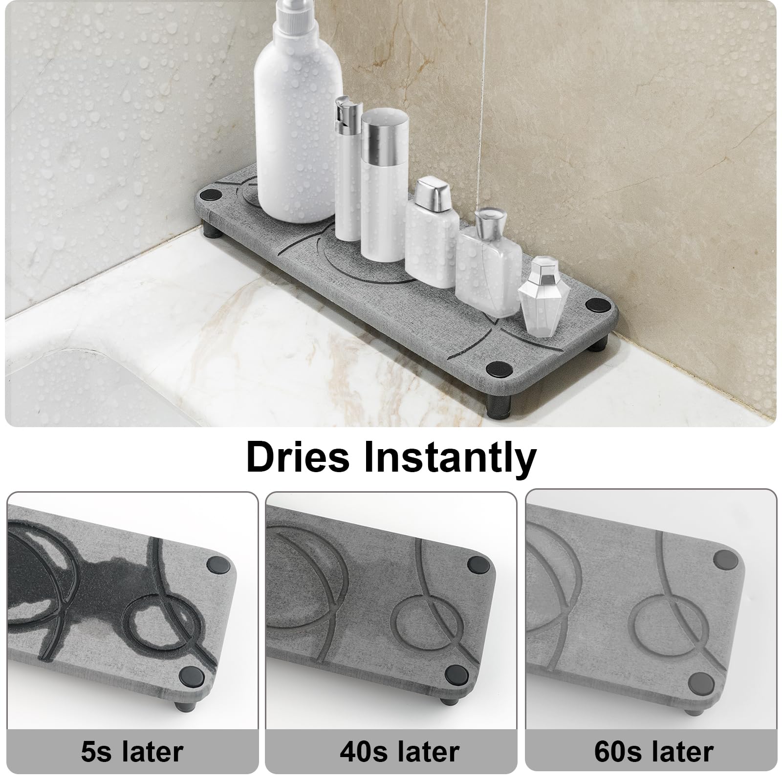 Instant Dry Sink Organizer, Stone Drying Mat for Kitchen Counter, Super Absorbent Diatomaceous Fast Drying Stone Sink Caddy, Kitchen Sink Tray, Soap Stand,Bathroom Sink Caddy with Stainless Steel Feet