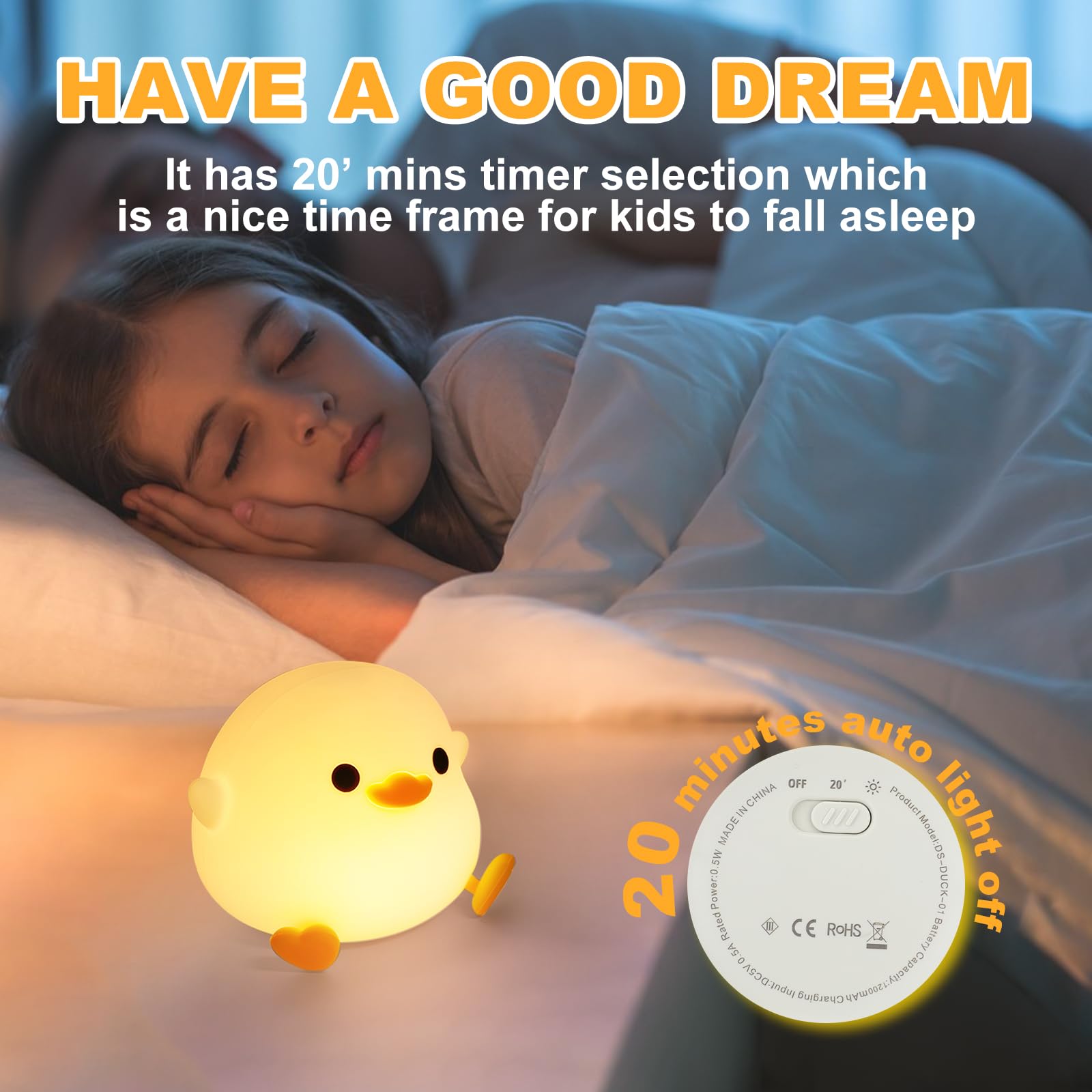 Daixinde Duck Night Light, Cute Duck Light, Rechargeable Dimmable Nightlight, Silicone LED Bedside Lamp Nursery Nightlight with 20 Minutes Timer and Touch-Sensitive for Bedrooms, Living Room