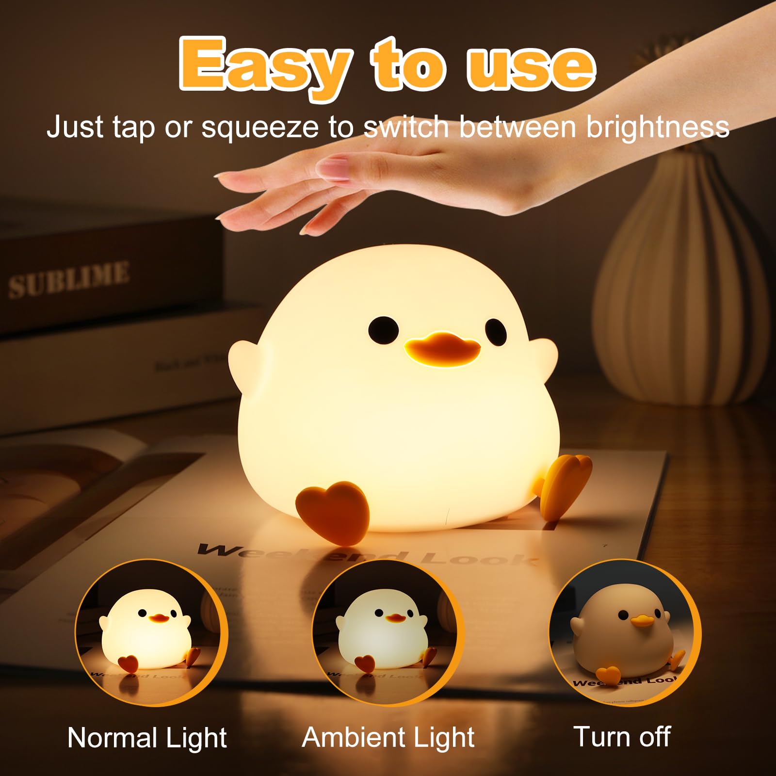 Daixinde Duck Night Light, Cute Duck Light, Rechargeable Dimmable Nightlight, Silicone LED Bedside Lamp Nursery Nightlight with 20 Minutes Timer and Touch-Sensitive for Bedrooms, Living Room