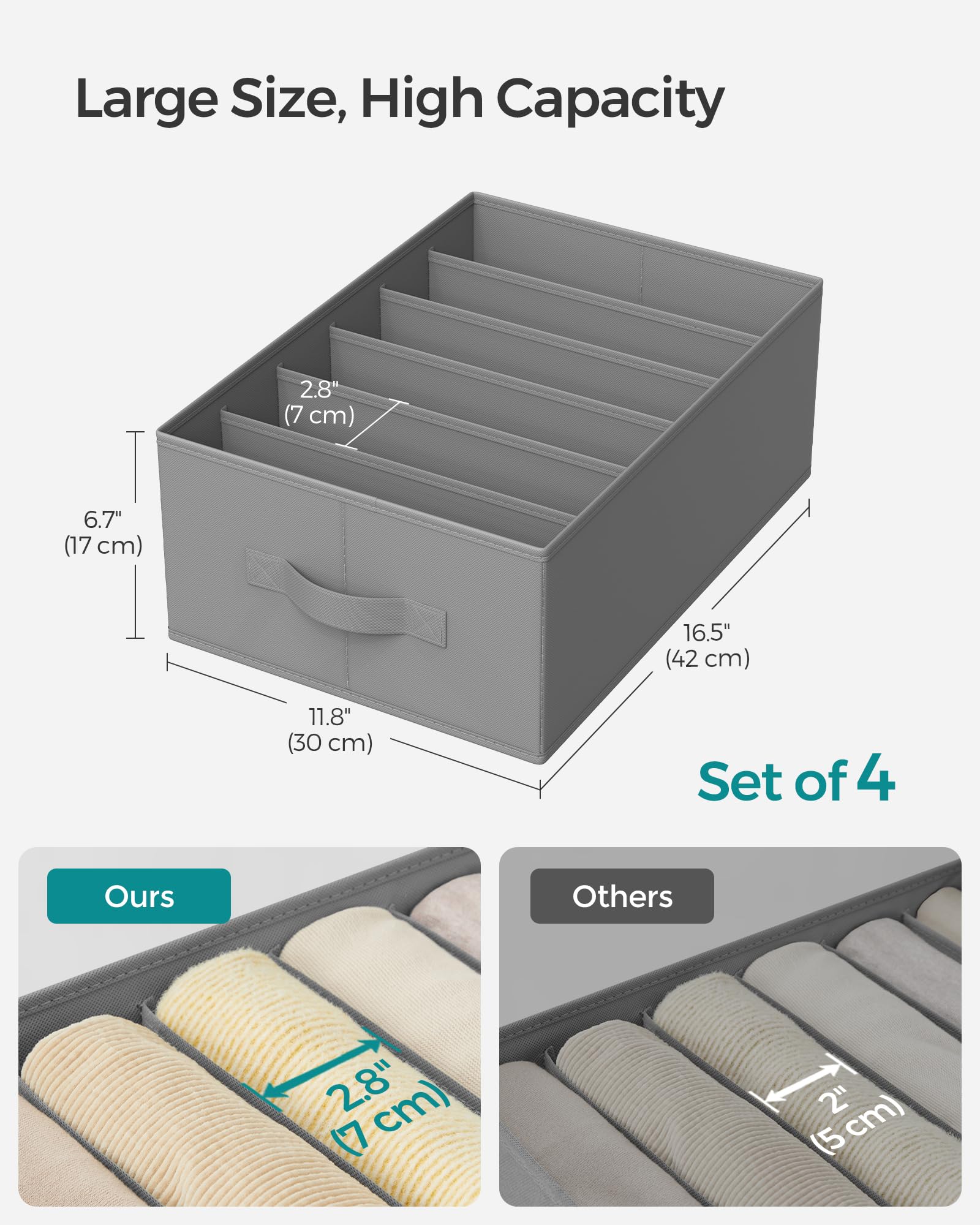 SONGMICS Set of 2 Large Size Wardrobe Clothes Organizers, 6-Compartment Foldable Drawer Organizers with Handles, 16.5 x 11.8 x 6.7 Inches, for Pants, Sweaters, Jeans, Dove Gray URUS009G02