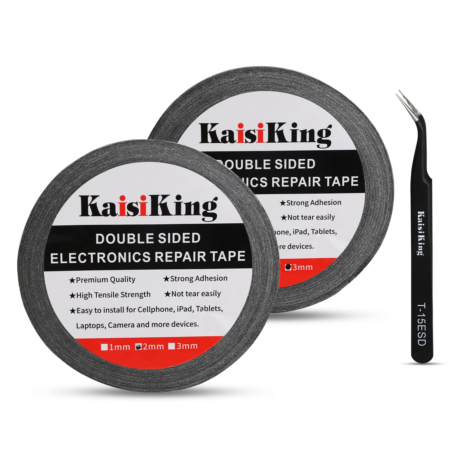 Kaisiking 2mm / 3mm x 50M LCD Screen Repair Tape Cell Phone Adhesive Tape Thin Double Sided Tape Adhesive with 1 Tweezers for Cell Phone, iPad, Tablets, Laptops, Camera, LCD Screen Repair