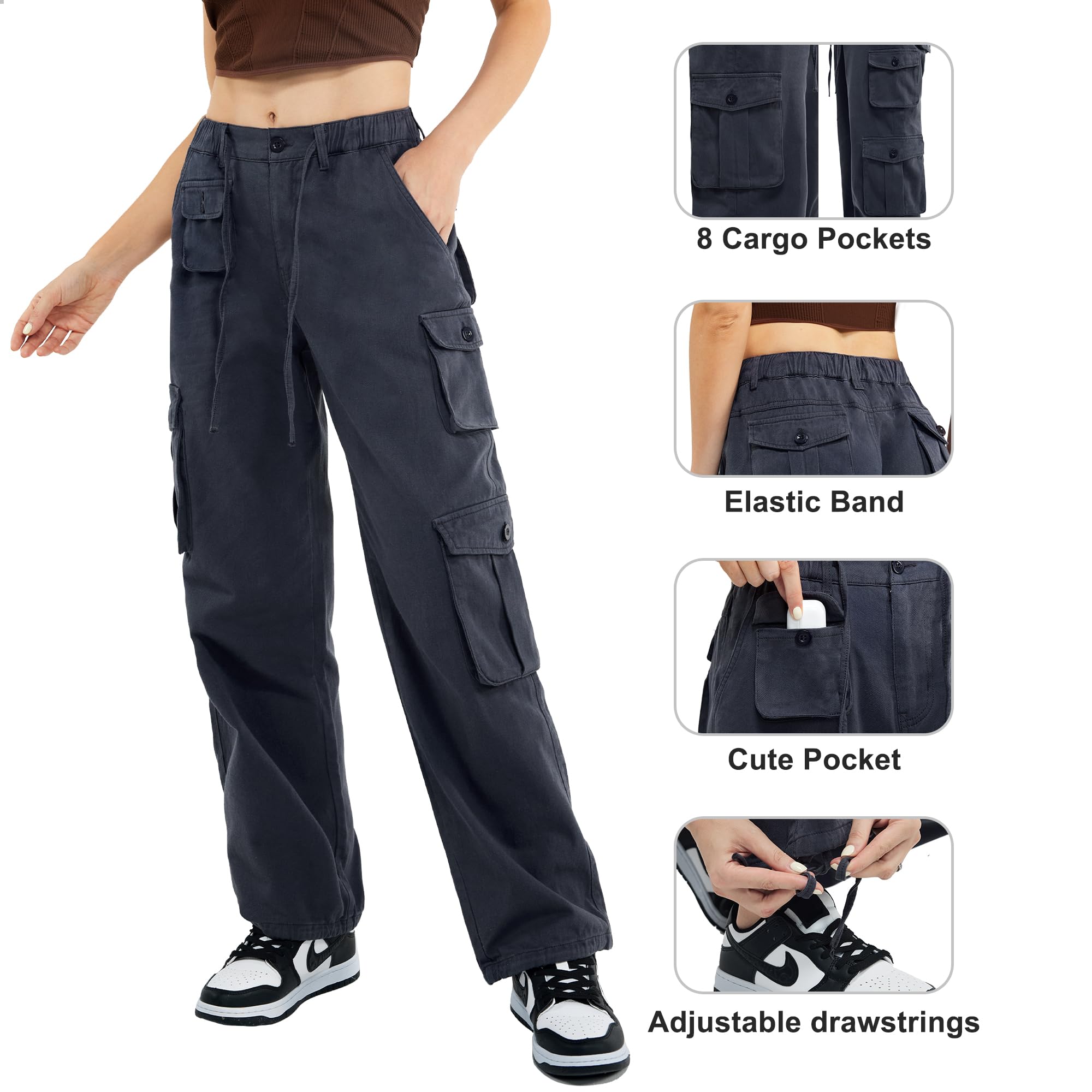 Znyeth Cargo Pants Women Cotton Wide Leg Casual Hiking Military Army Combat Work Pants with 8 Pockets (US, Alpha, Small, Regular, Regular, Dark Gray)