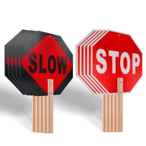 olanzu 5-pack handheld stop slow signs with wooden handle - 12" x 12" double-sided crossing guard stop sign - honeycomb reflective road sign,aluminium sign - easy to install