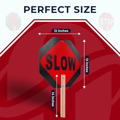 OLANZU 5-Pack Handheld Stop Slow Signs with Wooden Handle - 12" x 12" Double-sided Crossing Guard Stop Sign - Honeycomb Reflective Road Sign,Aluminium Sign - Easy to Install