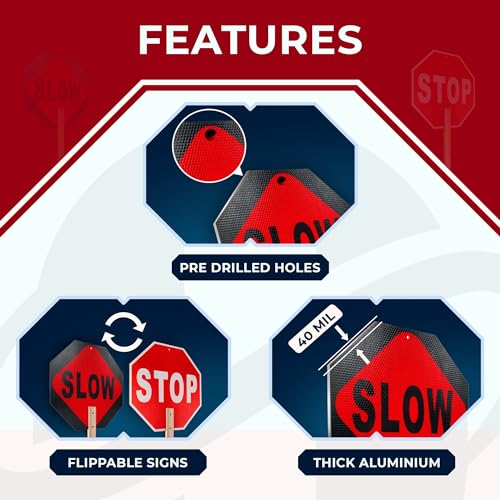 OLANZU 5-Pack Handheld Stop Slow Signs with Wooden Handle - 12" x 12" Double-sided Crossing Guard Stop Sign - Honeycomb Reflective Road Sign,Aluminium Sign - Easy to Install