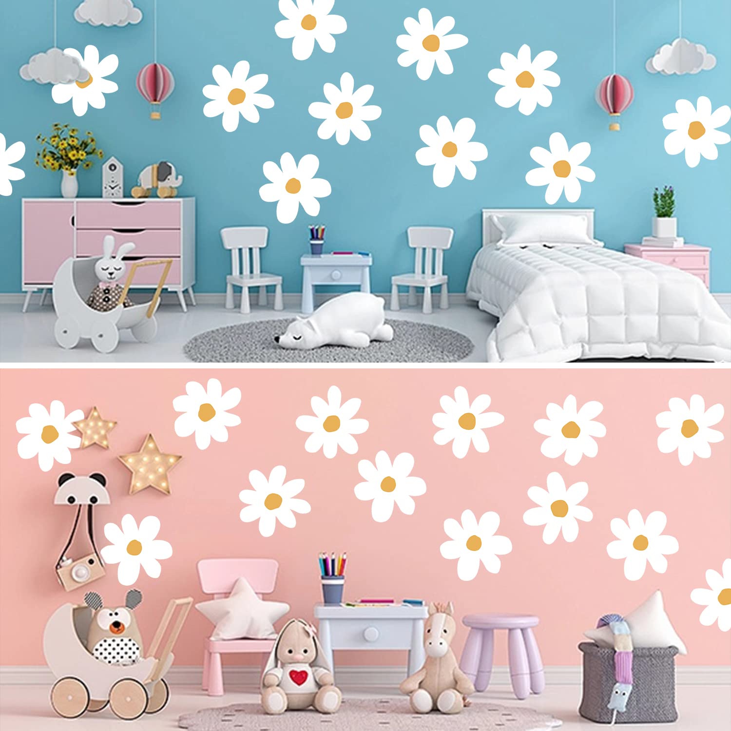 16 PCS Big Daisy Wall Decals Peel and Stick White Daisy Stickers Flower Wall Stickers Cute Floral Wall Decals for Girls Kids Nursery Bedroom Living Room Playroom Classroom Home Wall Art Decor