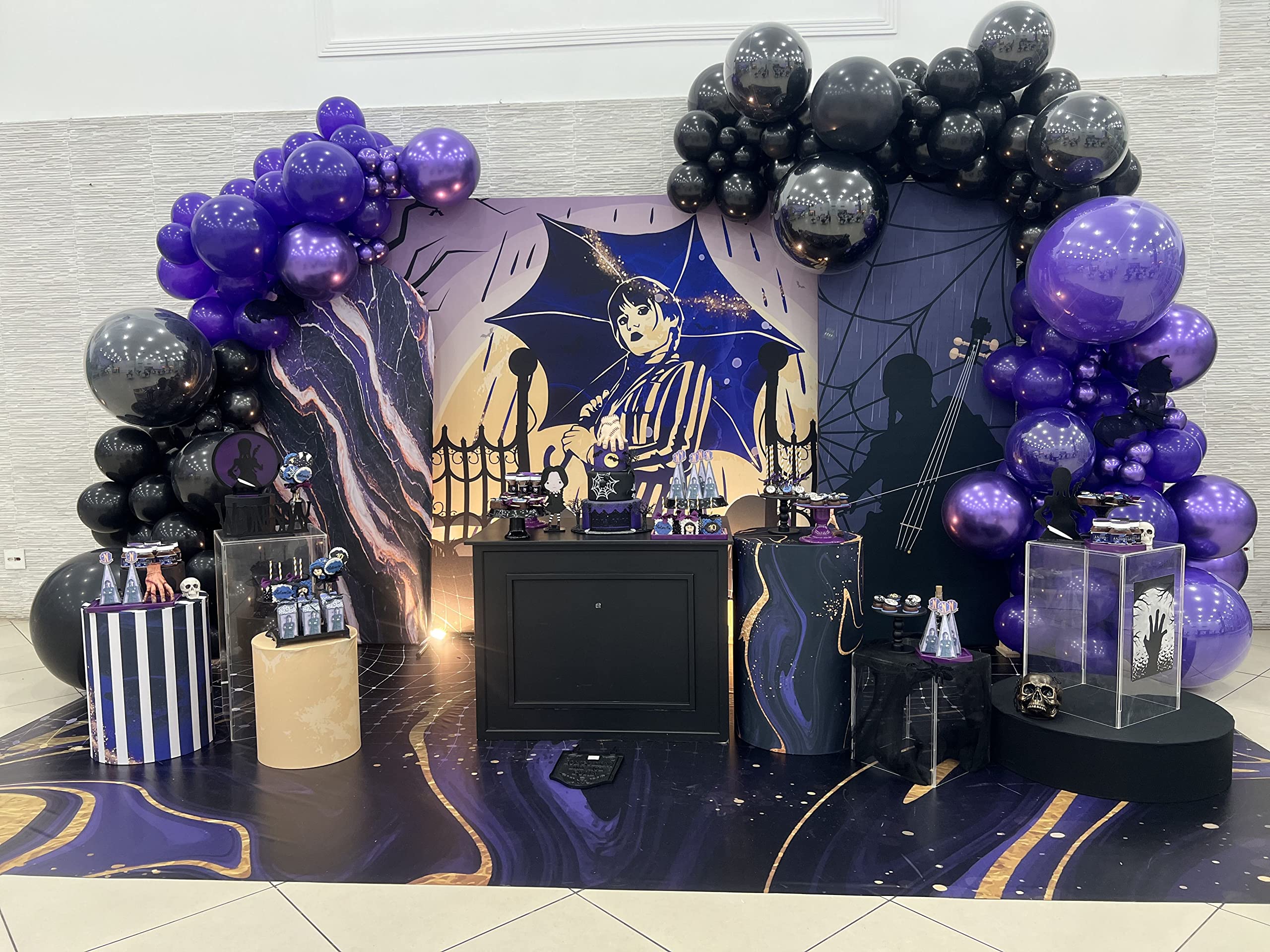 120pcs Wednesday Addams Balloon Garland Arch Kit Black and Chrome Purple Silver Balloons for Wednesday Themed Party Supplies Birthday Party Decoration