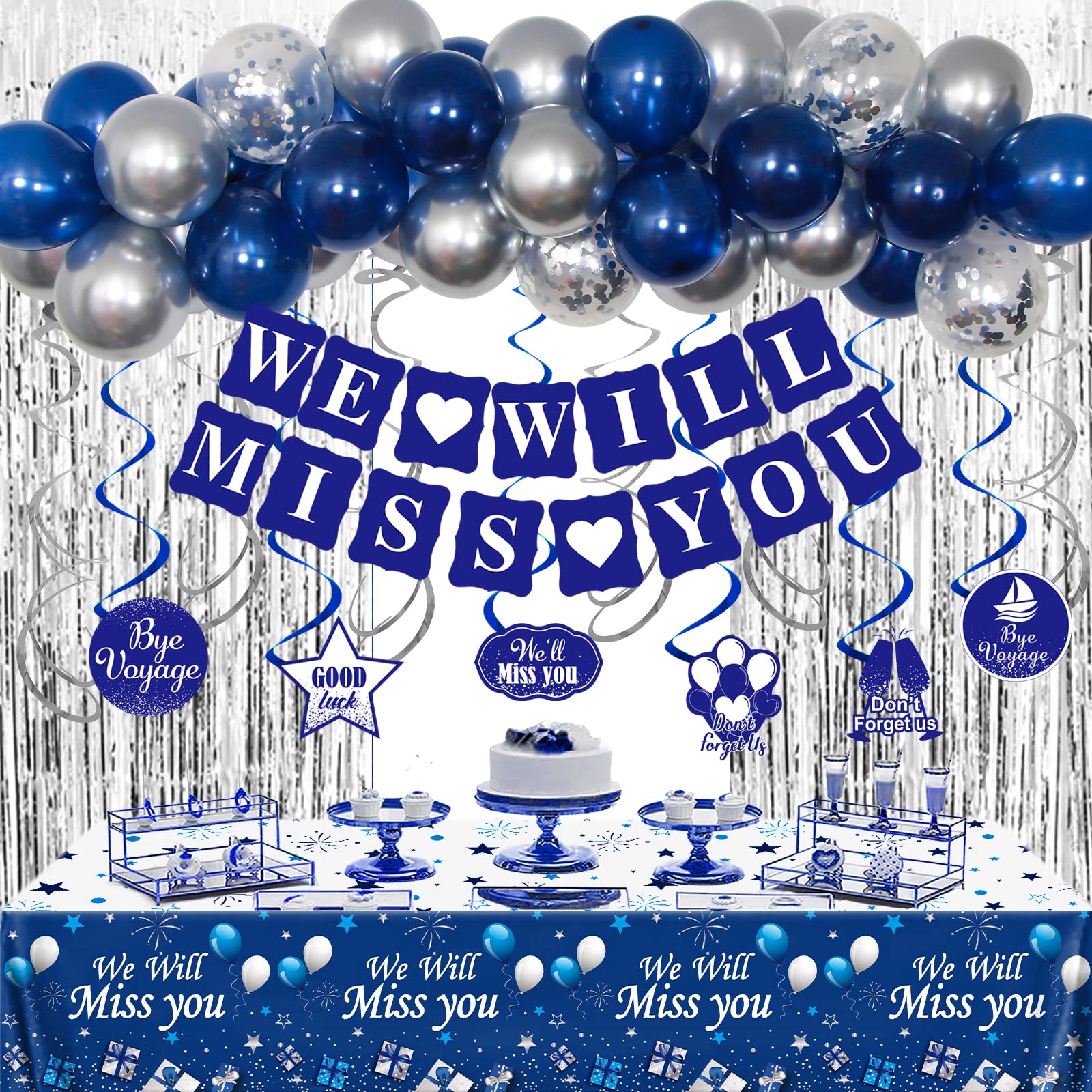 Farewell Party Decorations for Men Women,We Will Miss You Decorations Banner Navy Blue Silver Going Away Party Decorations Balloons Tablecloth for Coworker Retirement Job Change Goodbye Party Supplies