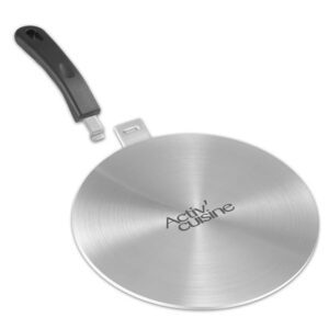 activ cuisine 9.45 inch heat diffuser stainless steel induction diffuser plate for electric gas stove glass induction cooktop heat diffuser with detachable handle, protects pot cookware accessories